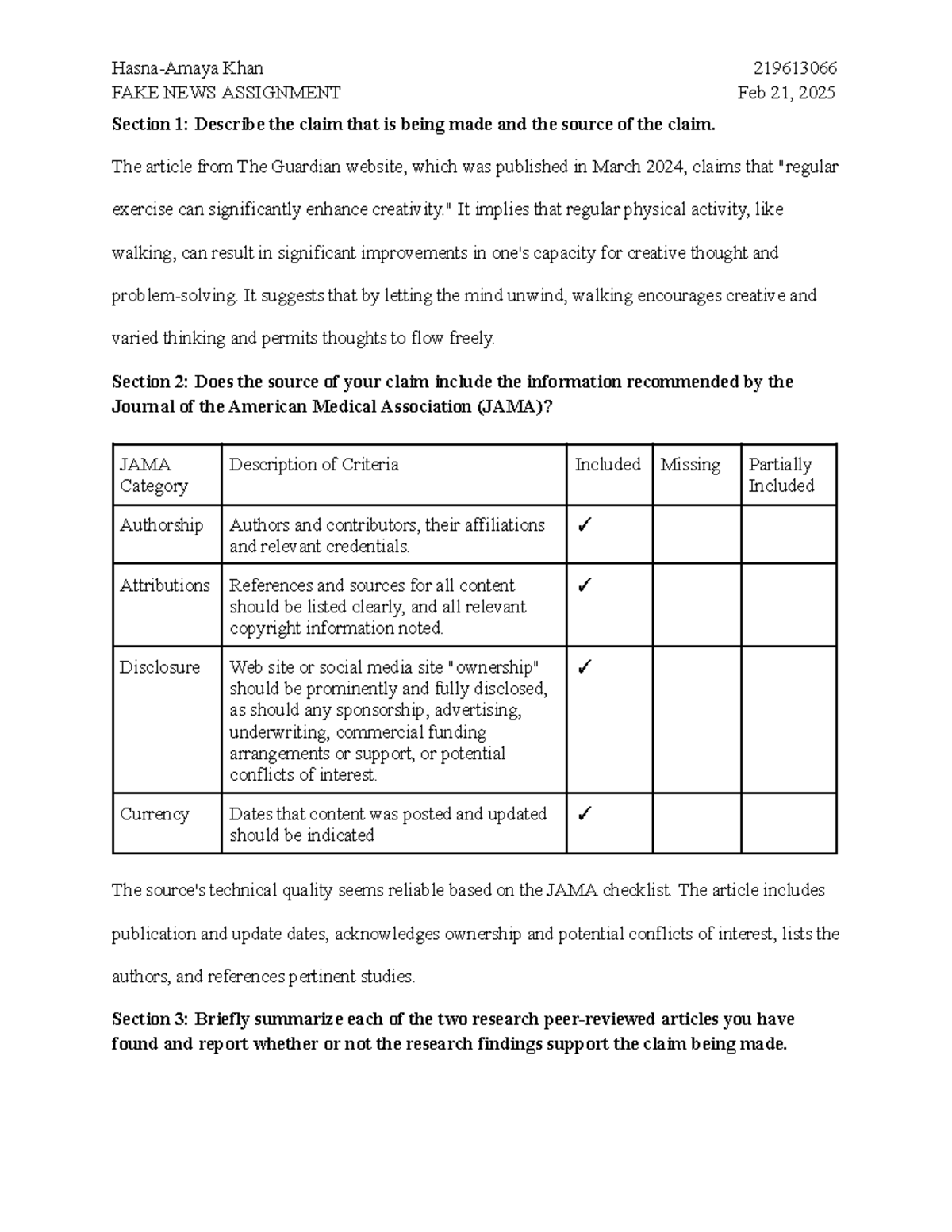 Fake News Assignment: Exercise & Creativity Analysis 219613066 - Studocu