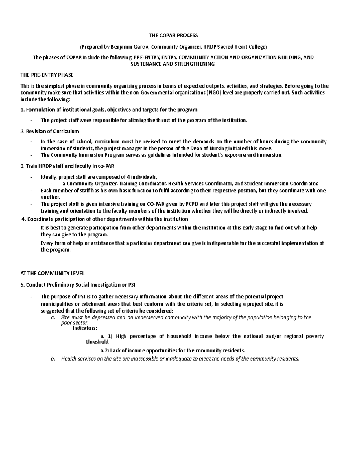 Copar 21-1 - Community Health Nursing - THE COPAR PROCESS (Prepared by ...