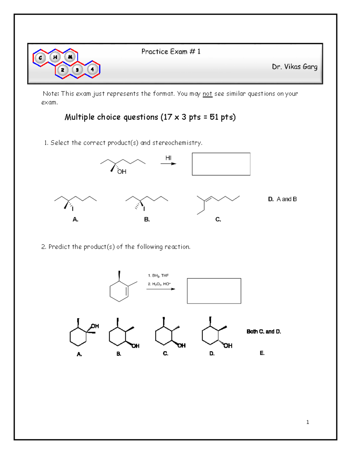 CHM 234 Exam 1 Practice Questions and Answers Guide - Studocu