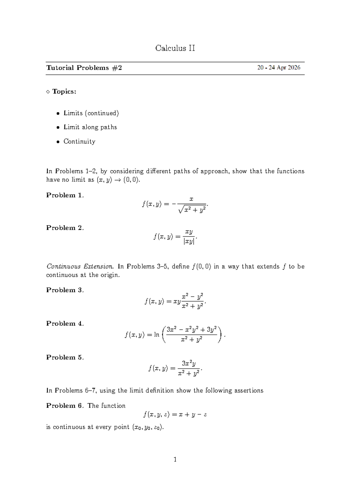 Calculus II (AY 2025-26) - Block 4 - Tutorial Problems on Limits and ...