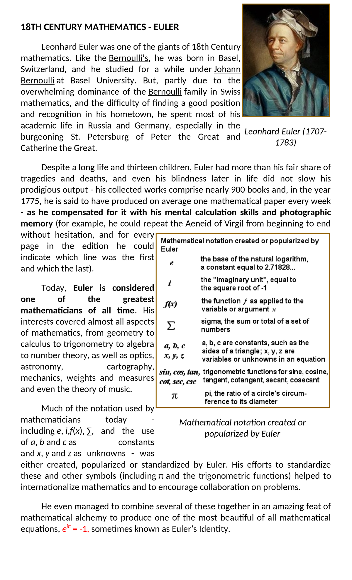 18 Century TO 20 - A note for history of mathematics - 18TH CENTURY ...