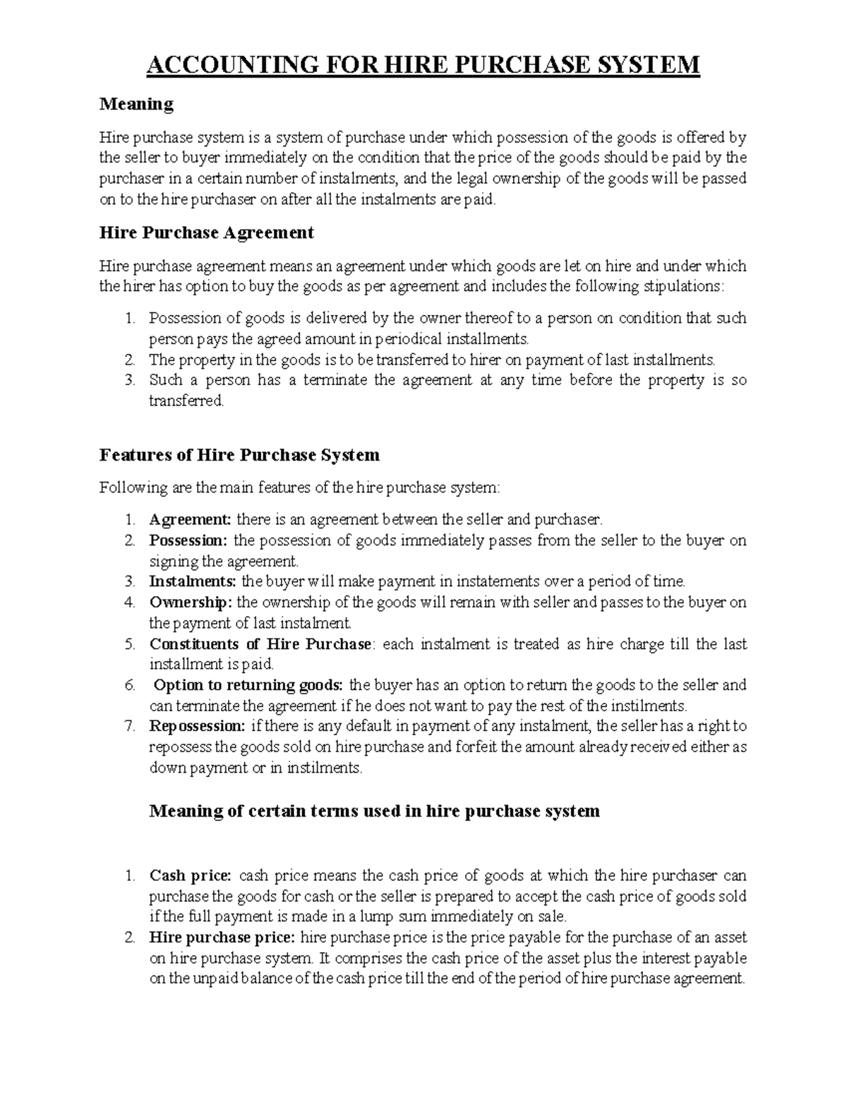 Accounting for Hire Purchase system - ACCOUNTING FOR HIRE PURCHASE ...
