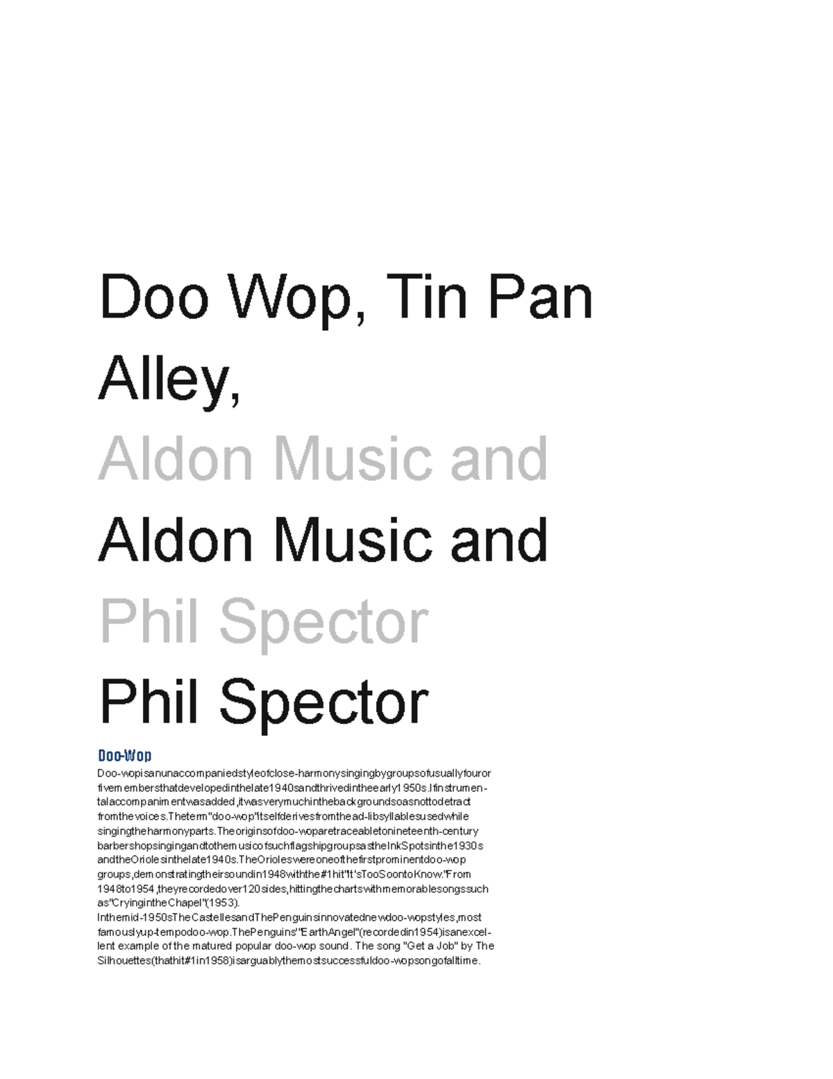 Doo Wop, Tin Pan Alley, Aldon Music & Phil Spector Overview - Studocu