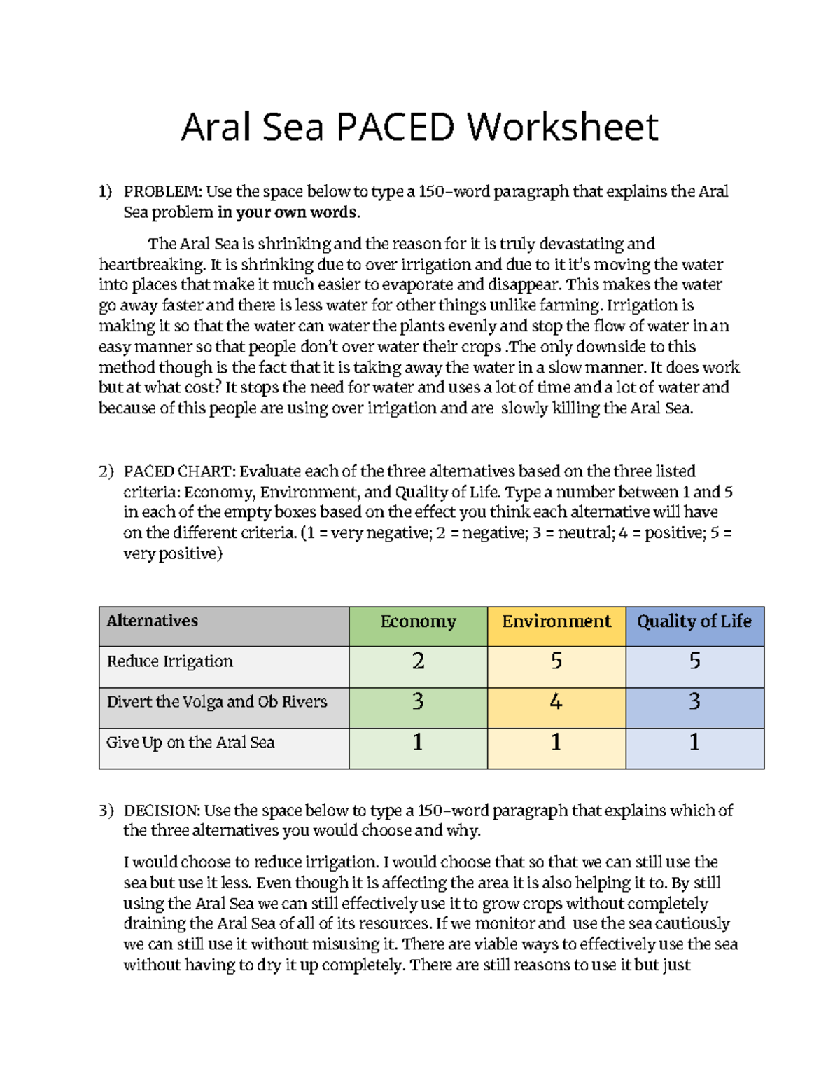 Aral Sea PACED Worksheet: Analyzing Water Management Solutions - Studocu