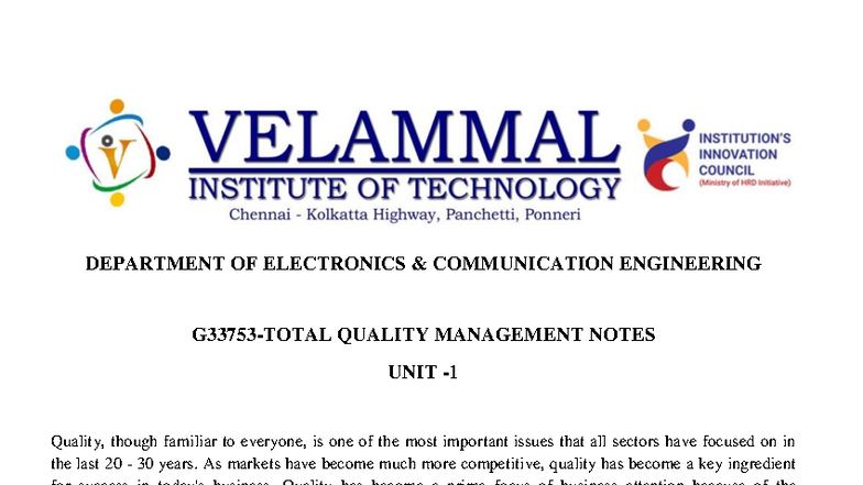 GE3752 Quality Management Notes: Key Concepts and TQM Principles - Studocu