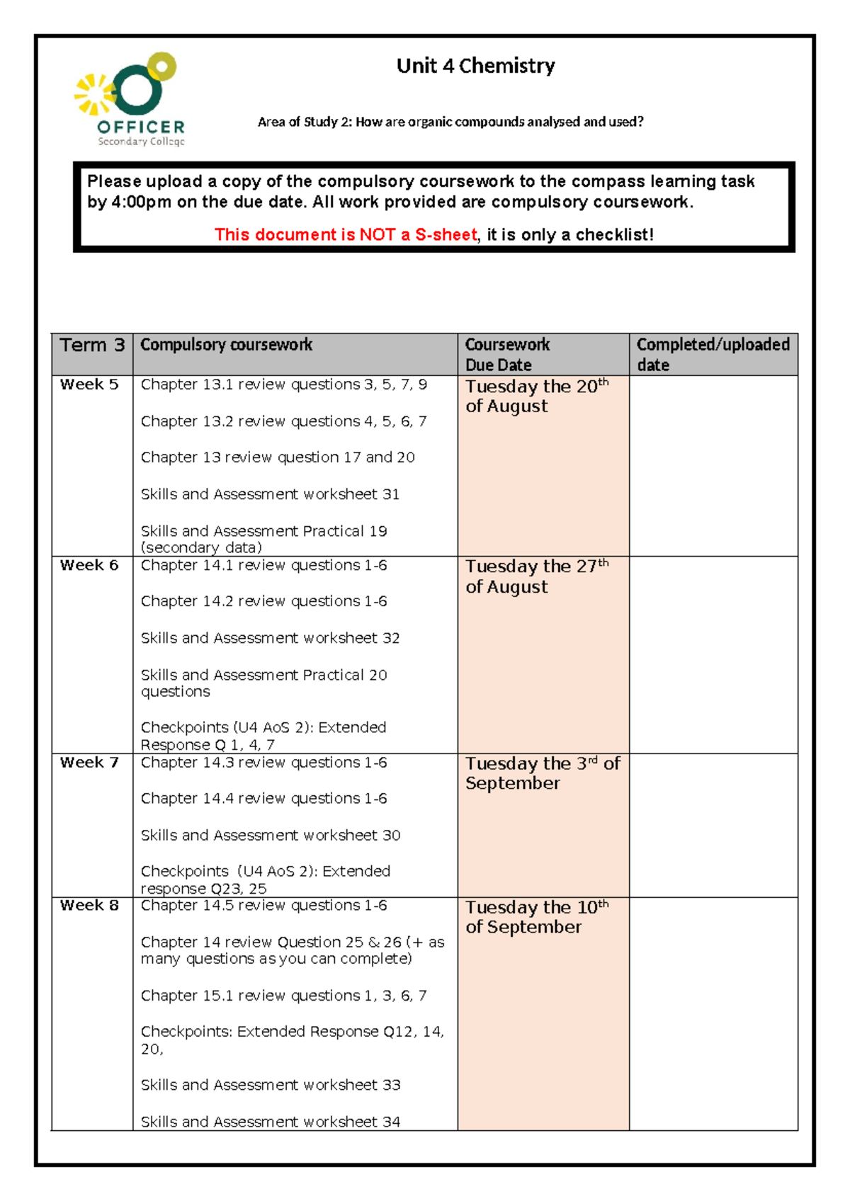 Unit 4 Chemistry AoS 2: Compulsory Coursework Checklist - Studocu