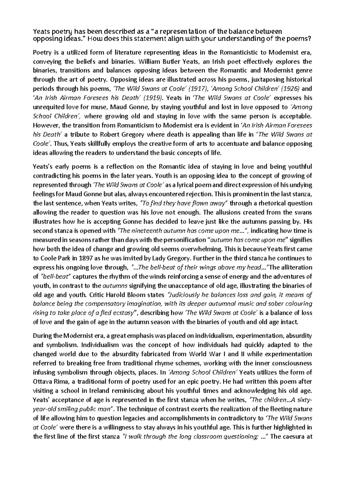 Yr11 English Prelim Practice Essay: Yeats' Balance of Opposing Ideas ...