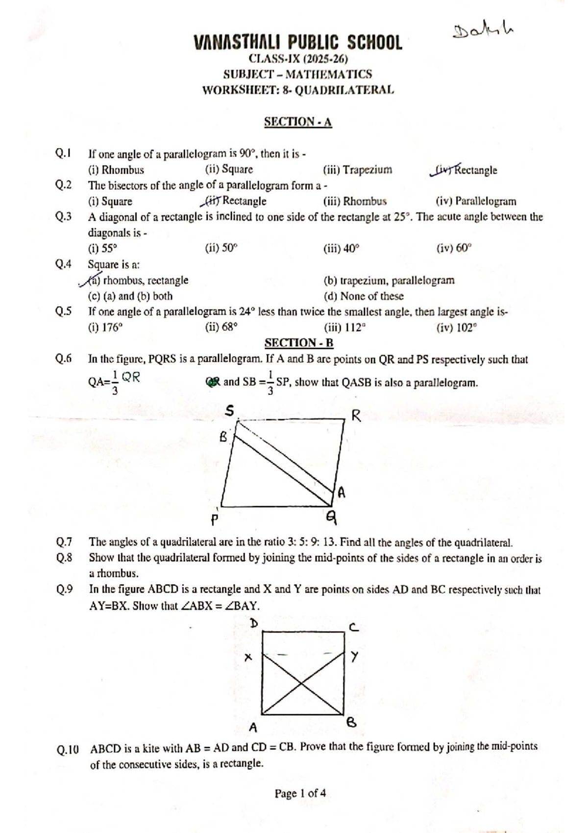 Mathematics Worksheet: Quadrilaterals for Class 9 (Subject Code: MATH ...