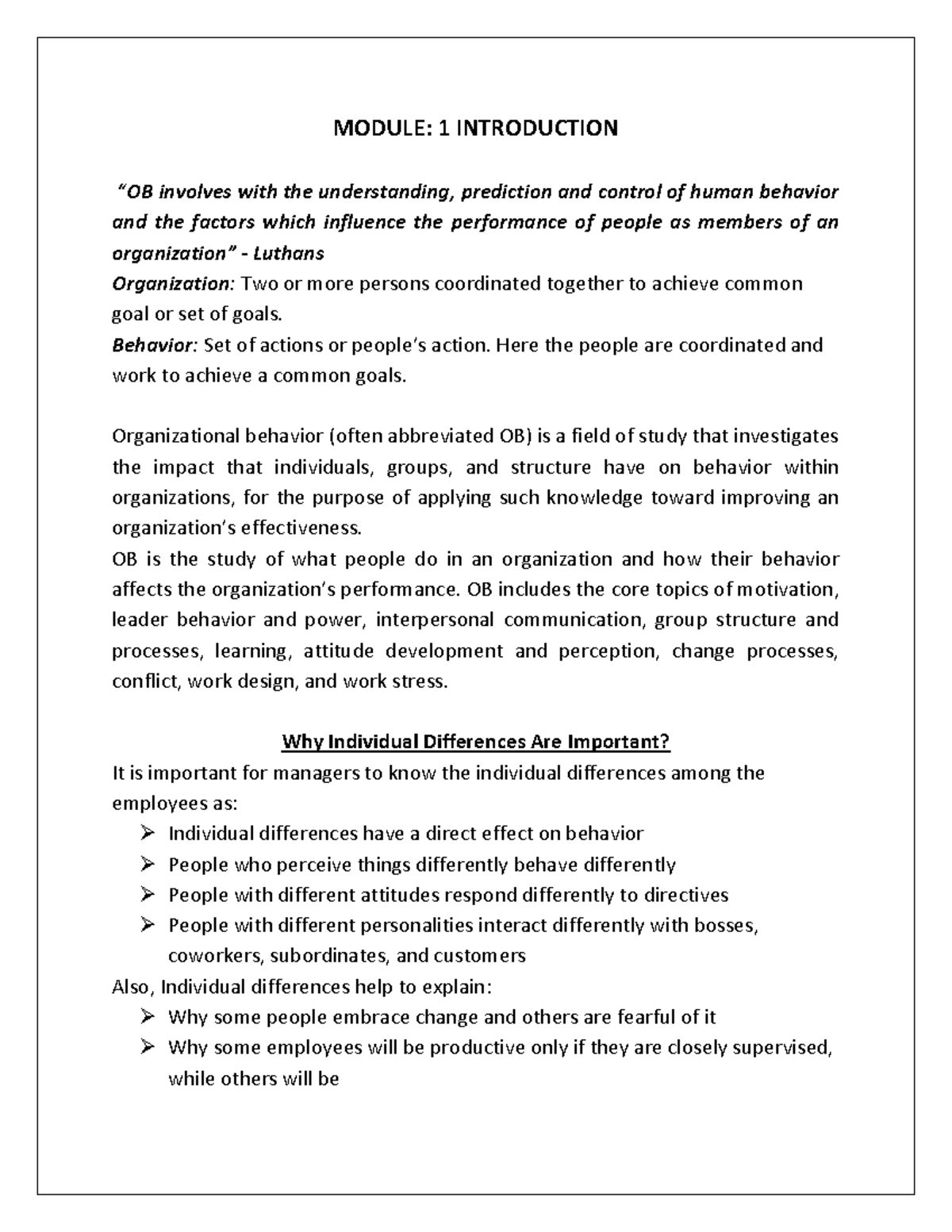 Unit 1 organizational behavior - MODULE: 1 INTRODUCTION “OB involves ...