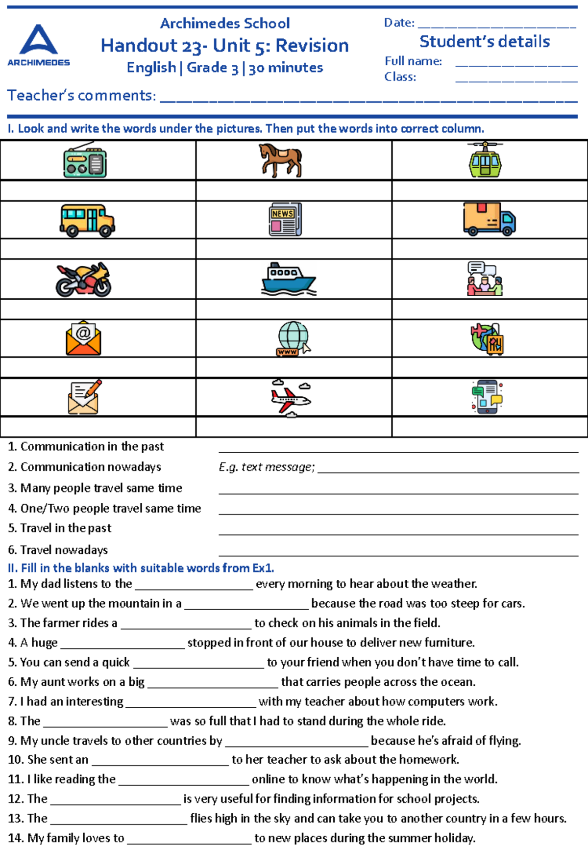 Unit 5 Revision Handout: Communication & Travel - Grade 3 - Studocu
