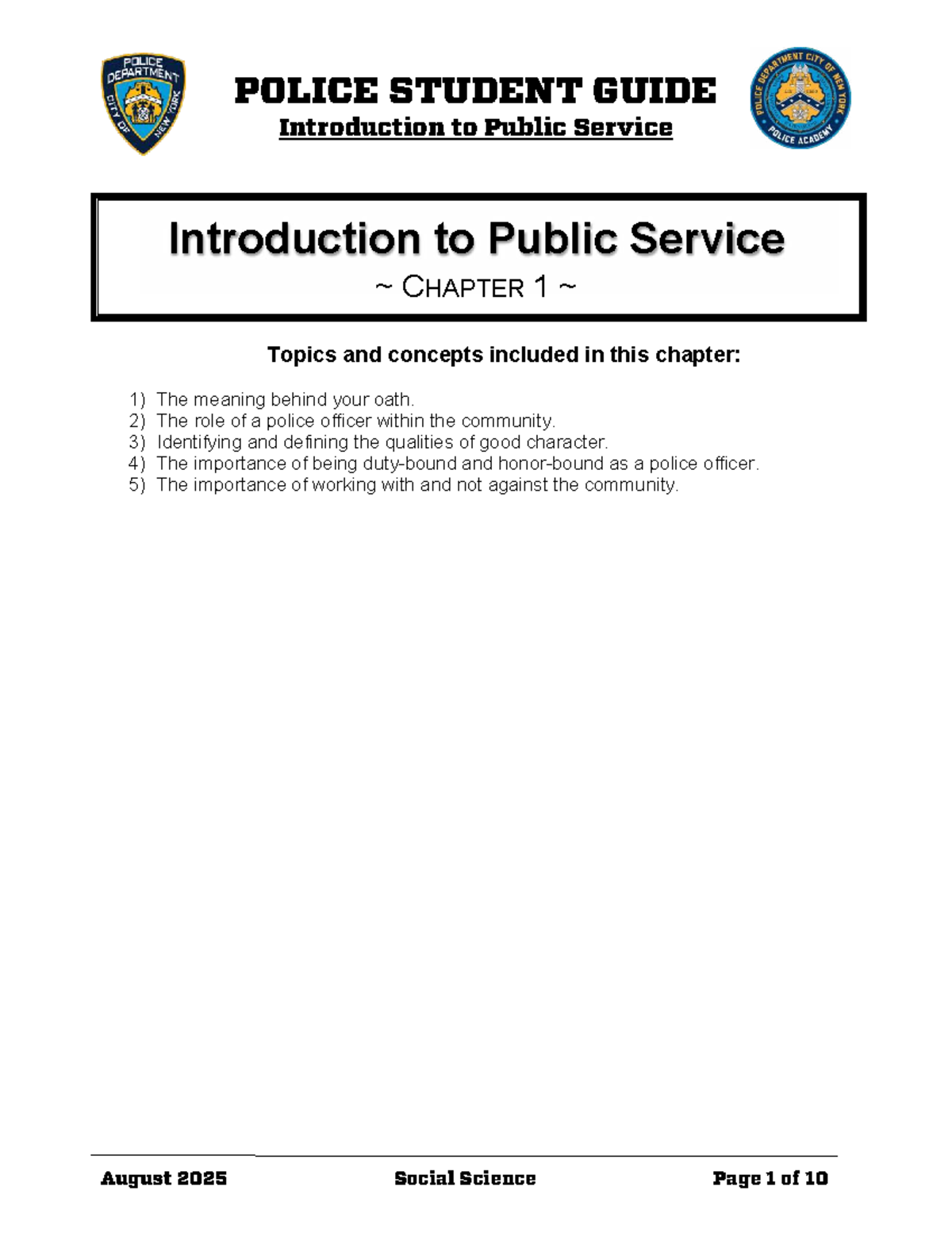 NYPD Student Guide: Introduction to Public Service - Chapter 1 Overview - Studocu