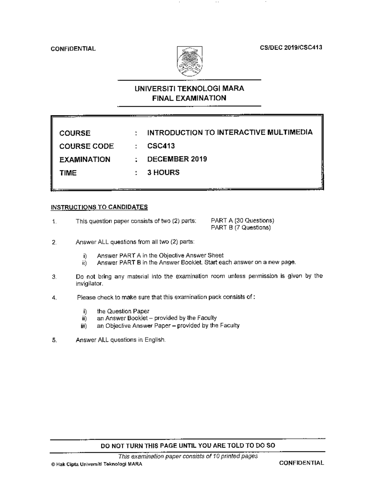 CSC413 CSC413 Introduction to multimedia (past year) - UNIVERSITITEKNOLOGIMARA FINALEXAMINATION ...