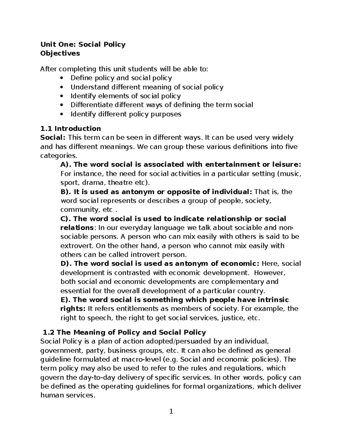 Unit 1 Introduction to Social Policy - Unit One: Social Policy ...