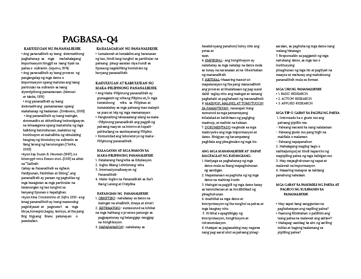 Pagbasa at Pagsusuri - PAGBASA-Q KAHULUGAN NG PANANALIKSIK Ang ...