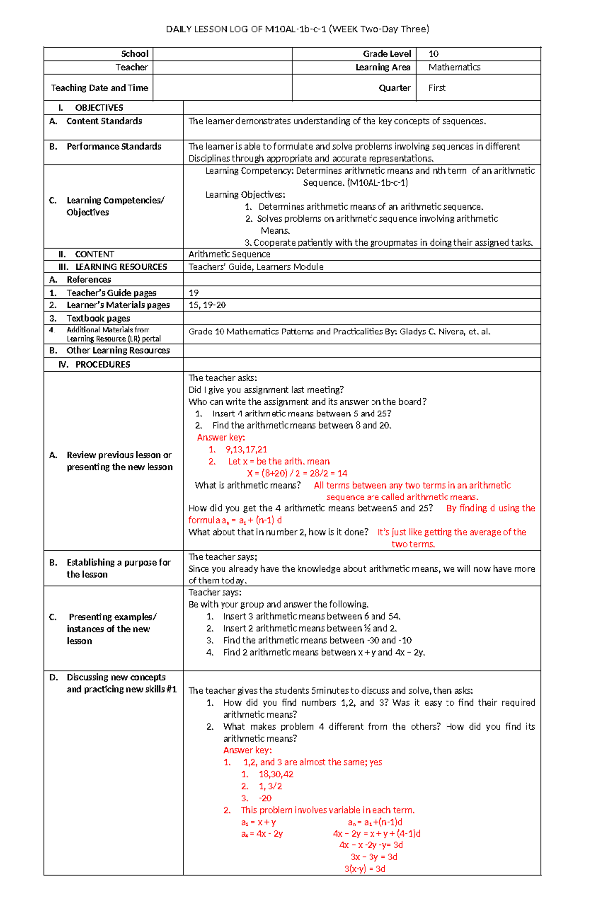 I-Day 9 - Daily Lesson Plan - DAILY LESSON LOG OF M10AL-1b-c-1 (WEEK ...