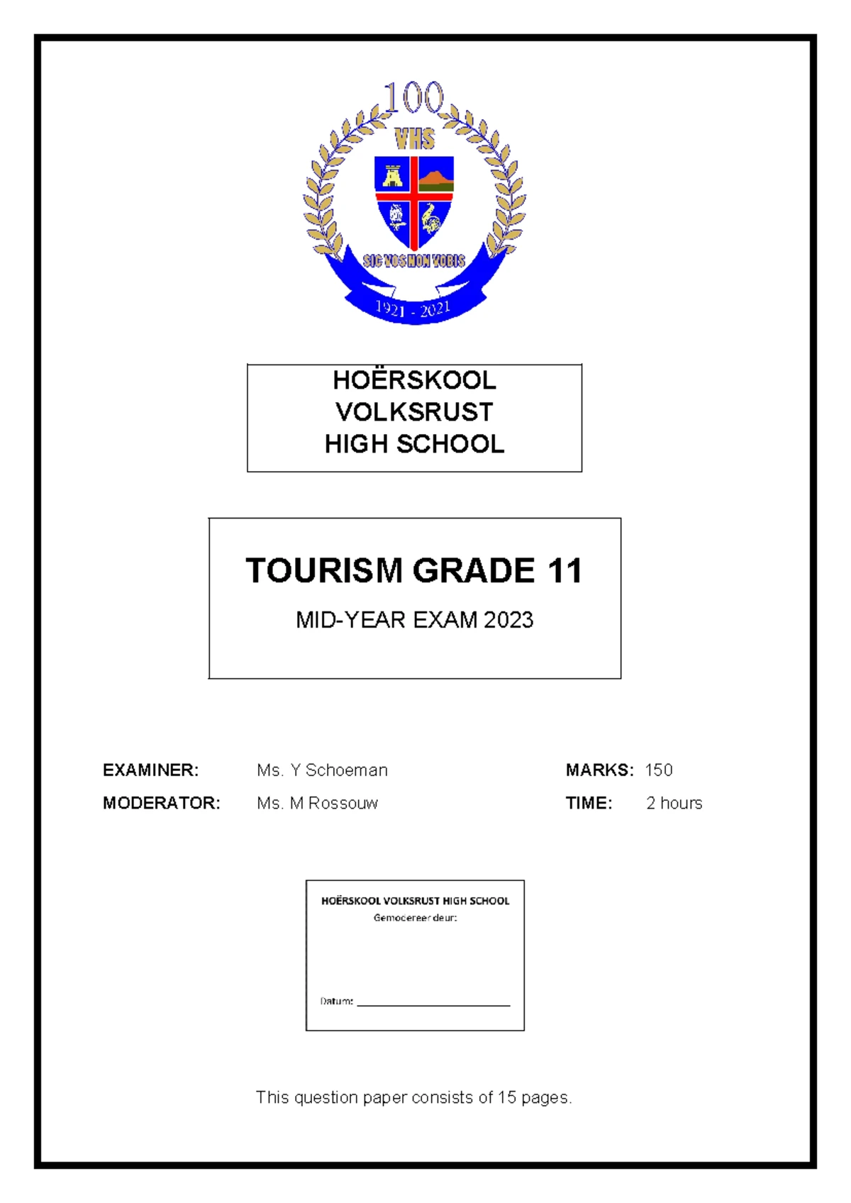 Tourism GR12 Final Exam Memo Sept 2023: Marking Guideline Overview ...