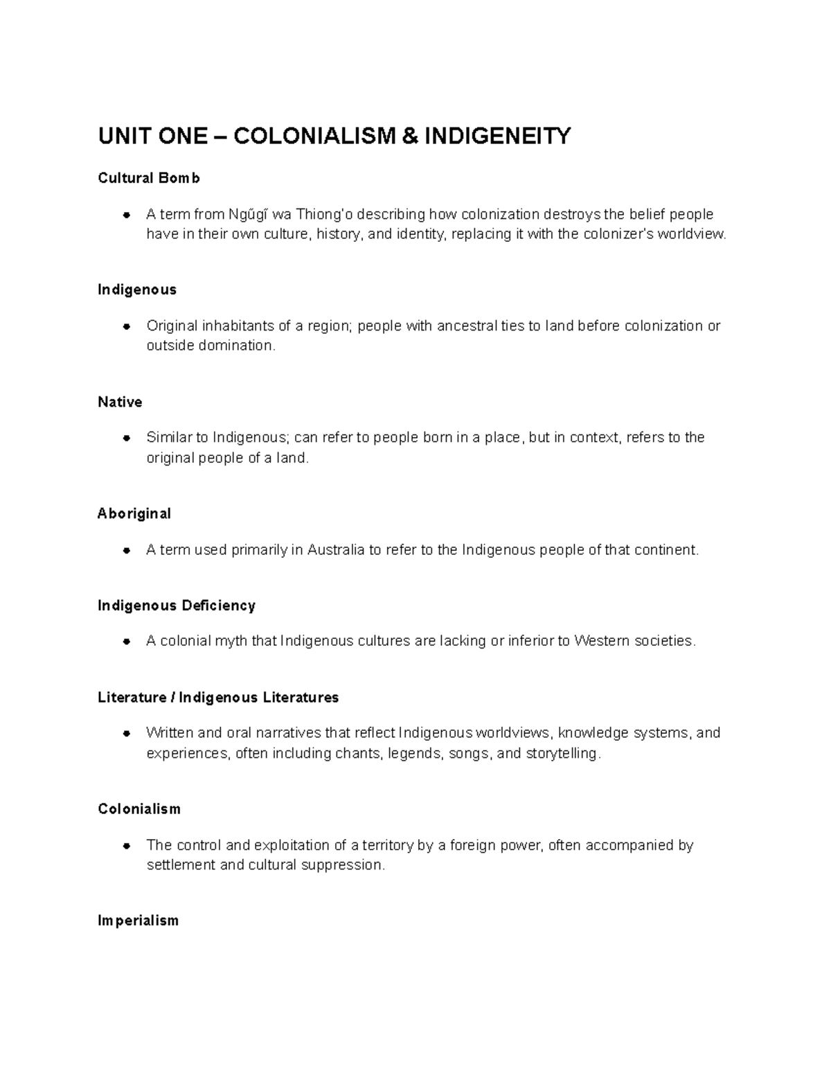 Colonialism and Indigeneity: Study Guide for HWST Course - Studocu