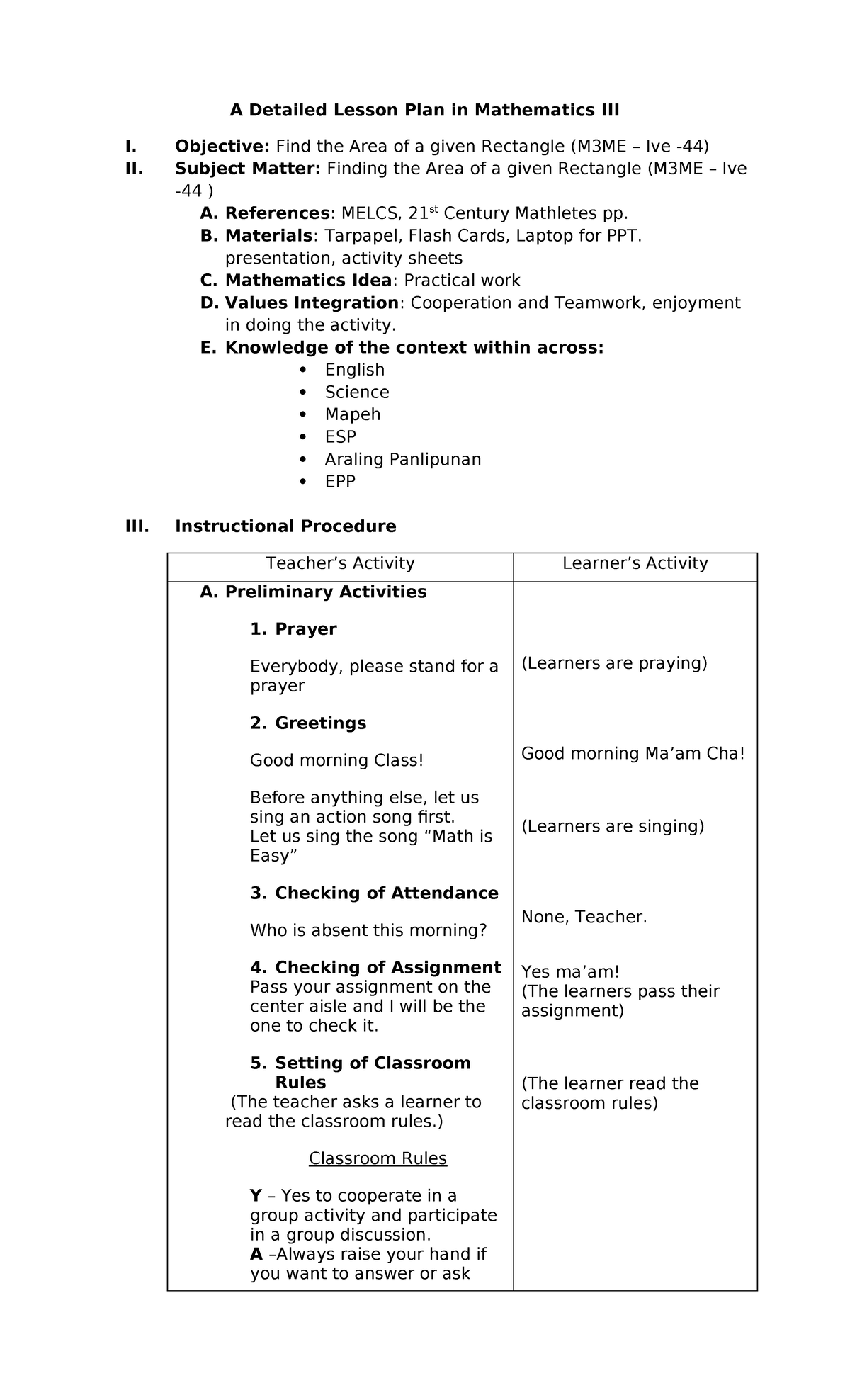 Mathematics III Lesson Plan: Finding the Area of a Rectangle - Studocu