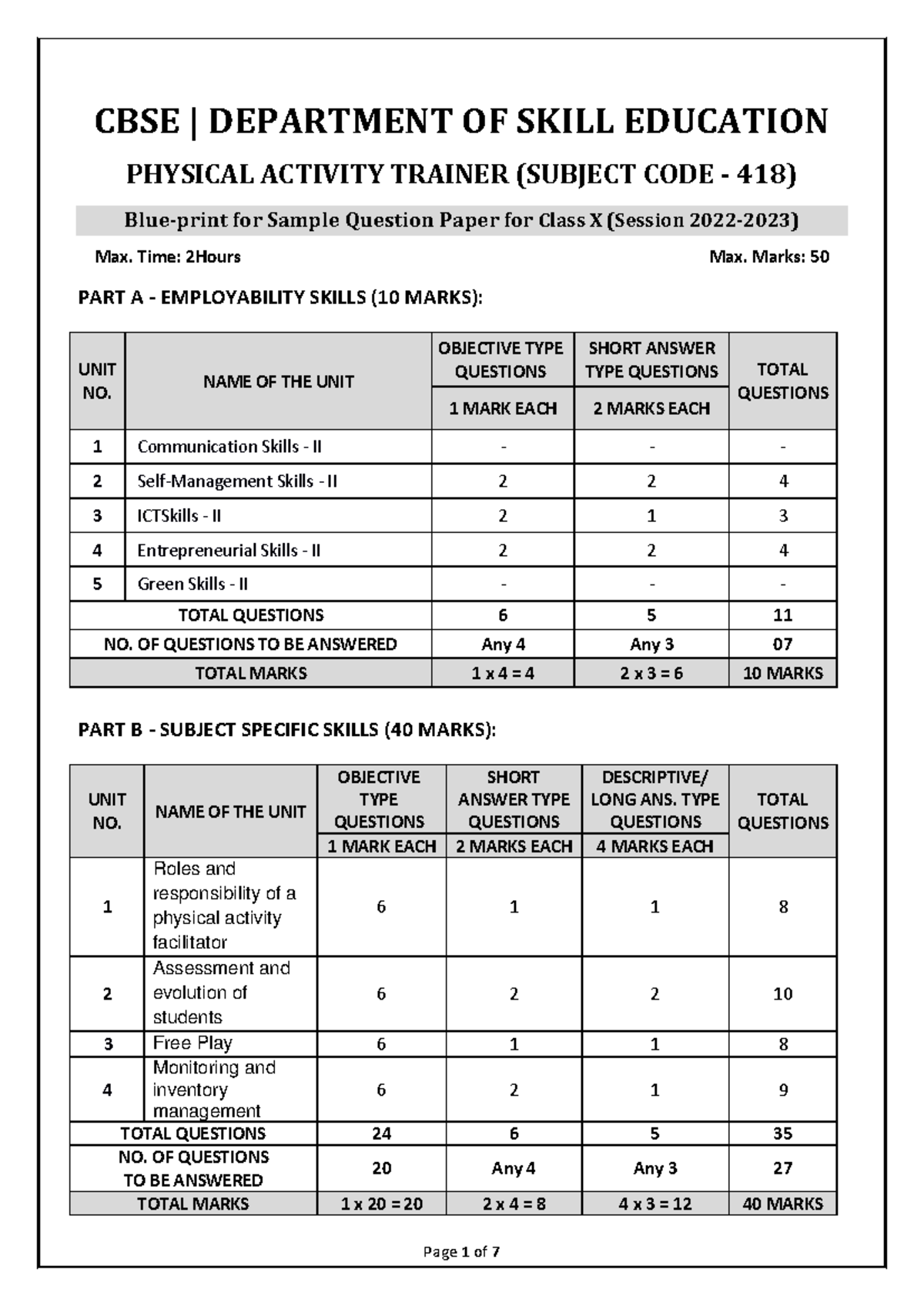 CBSE 418 Physical Activity Trainer Sample Question Paper for Class X ...