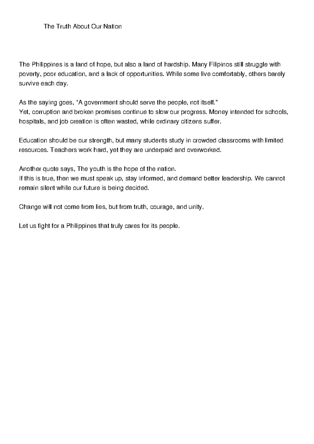 Speech on the Truth About the Philippines: Hope and Hardship - Studocu