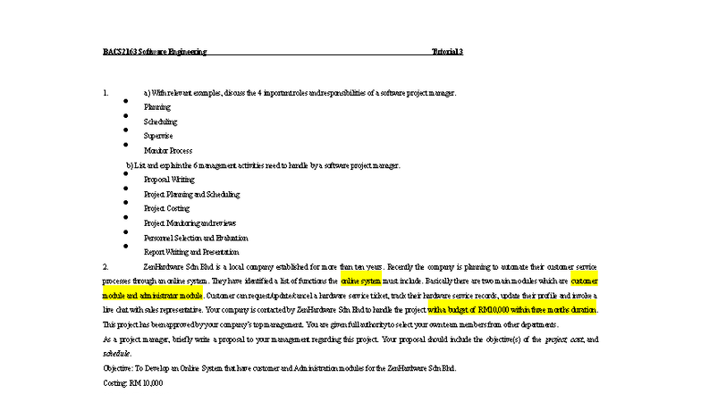 BACS2163 Software Engineering: Tutorial 3 - Project Management Insights - Studocu