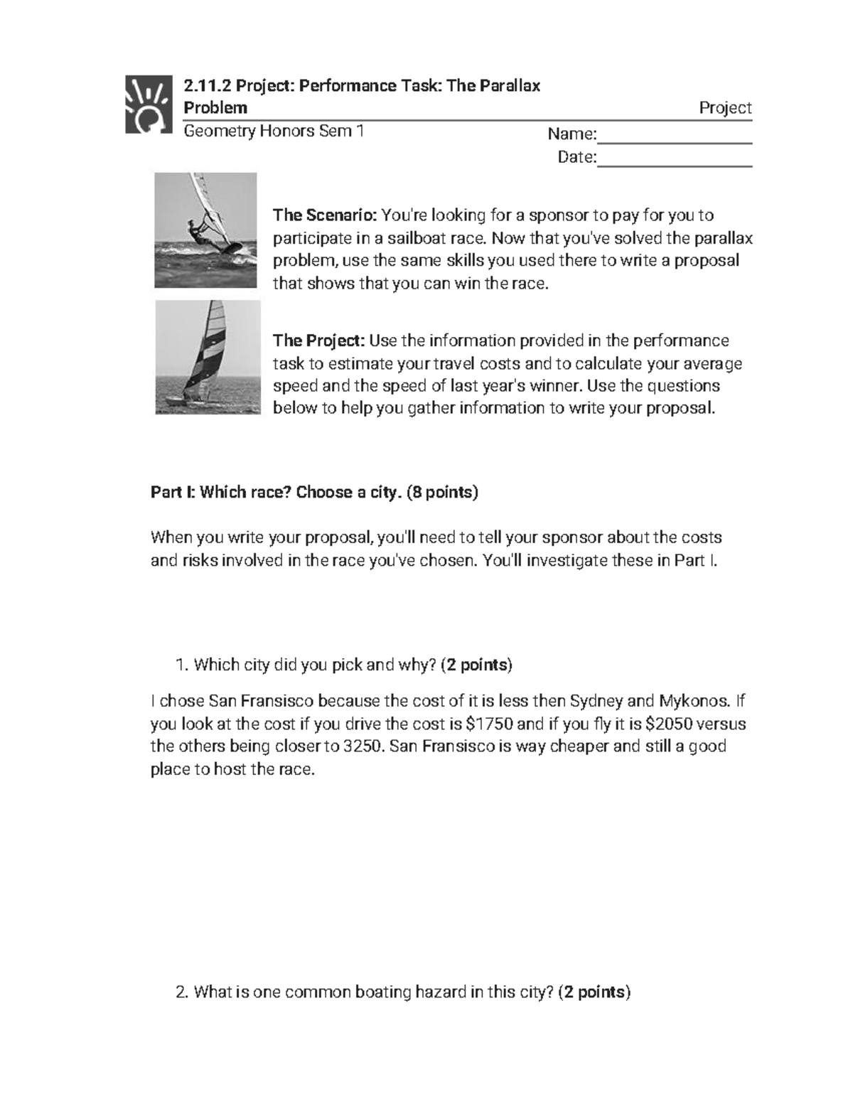 APEX Geometry Honors Project 2.11.2: Proposal for Sailboat Race - Studocu