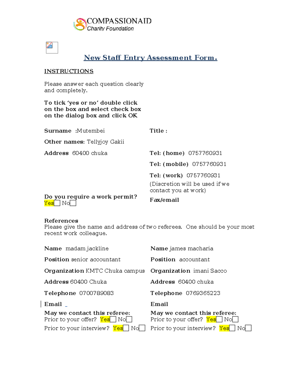 Compassion Aid New Staff Entry Assessment Form - New Staff Entry ...