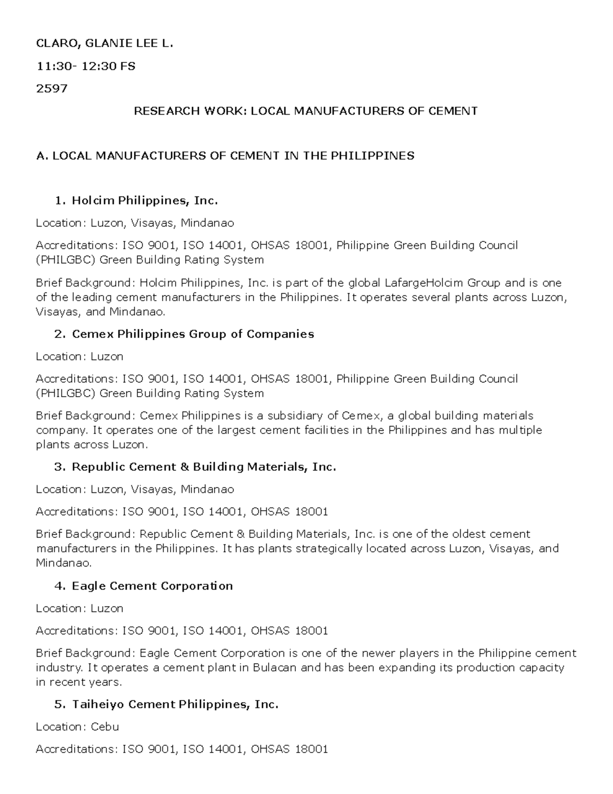 Research Work on Local Cement Manufacturers in the Philippines - LEE ...
