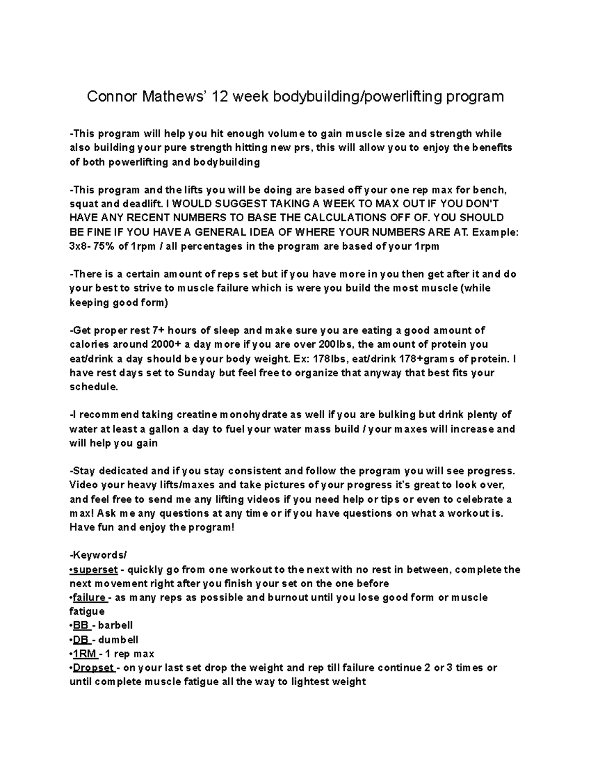 Connor Mathews 12-Week Bodybuilding/PPL Program Guide - Studocu