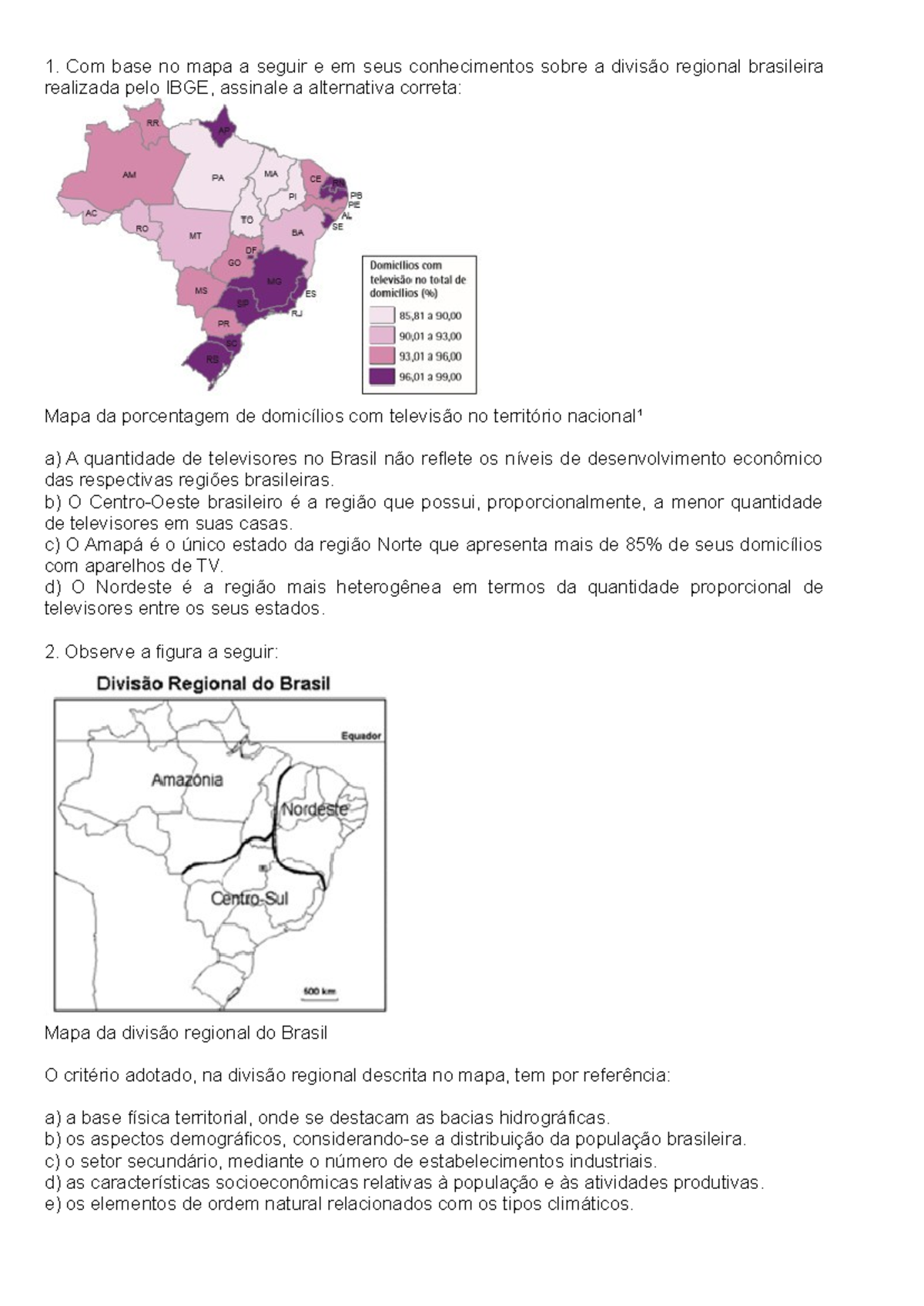 Prova de Geografia 4º Bimestre: Análise da Divisão Regional do Brasil ...