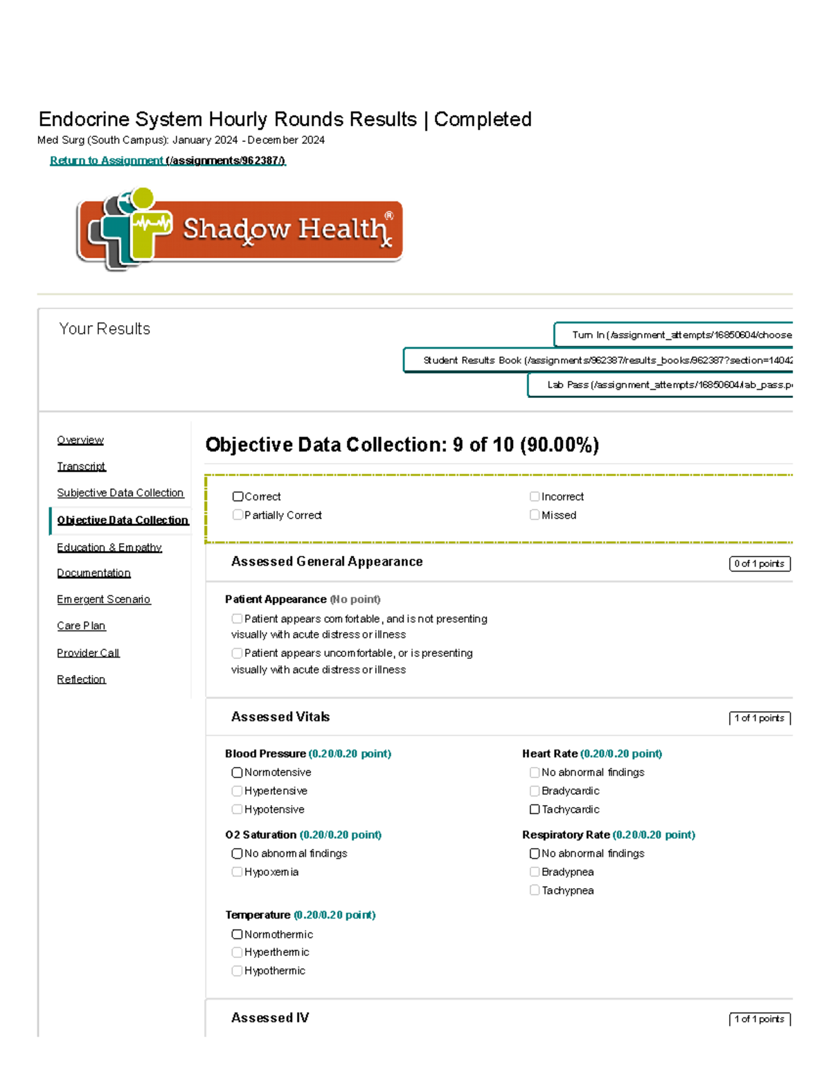 Objective Data Collection for Shadow Health Med Surg Course (Fall 2024 ...