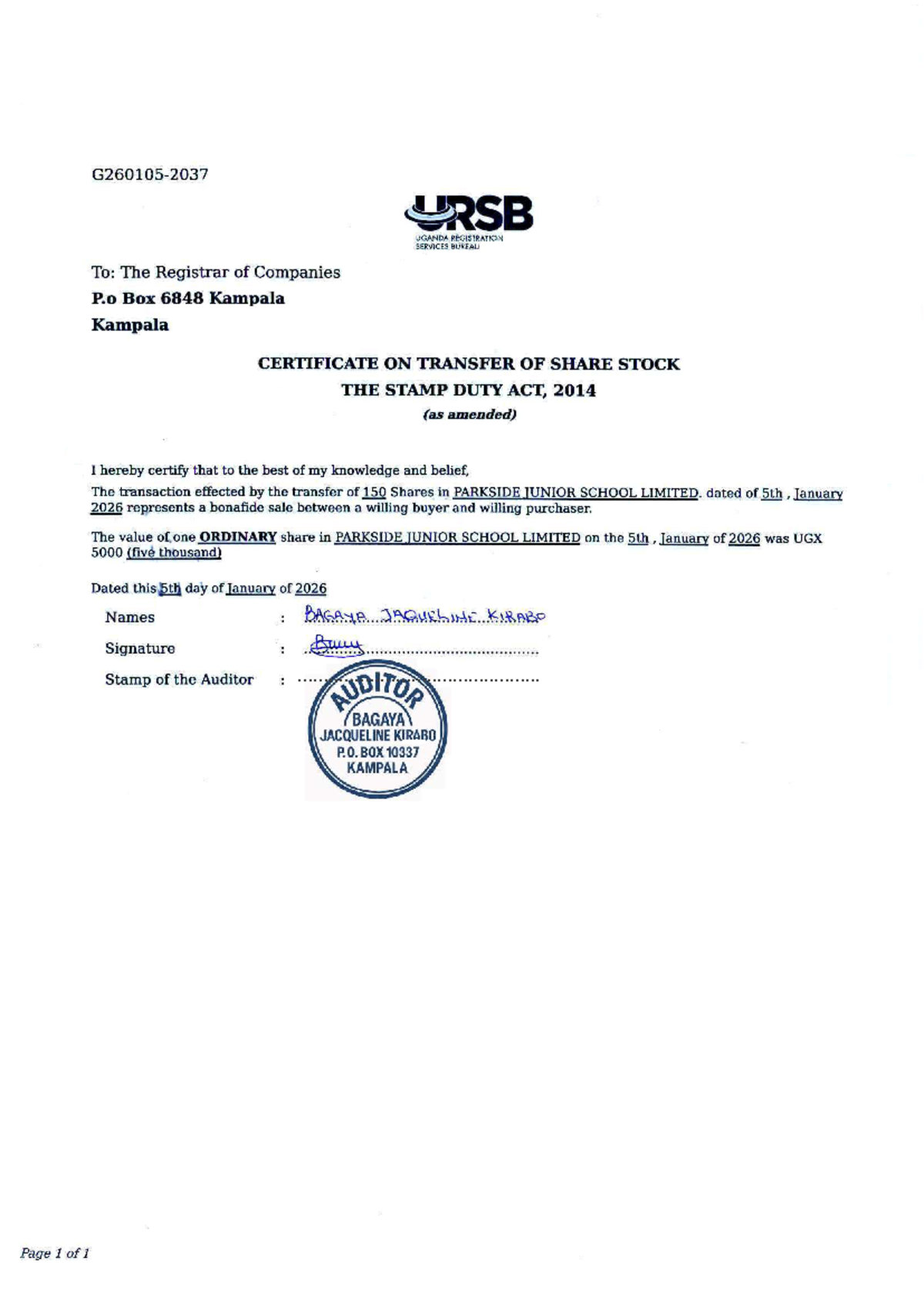 Certificate of Transfer of Shares - URSB Registration 2026 - Studocu