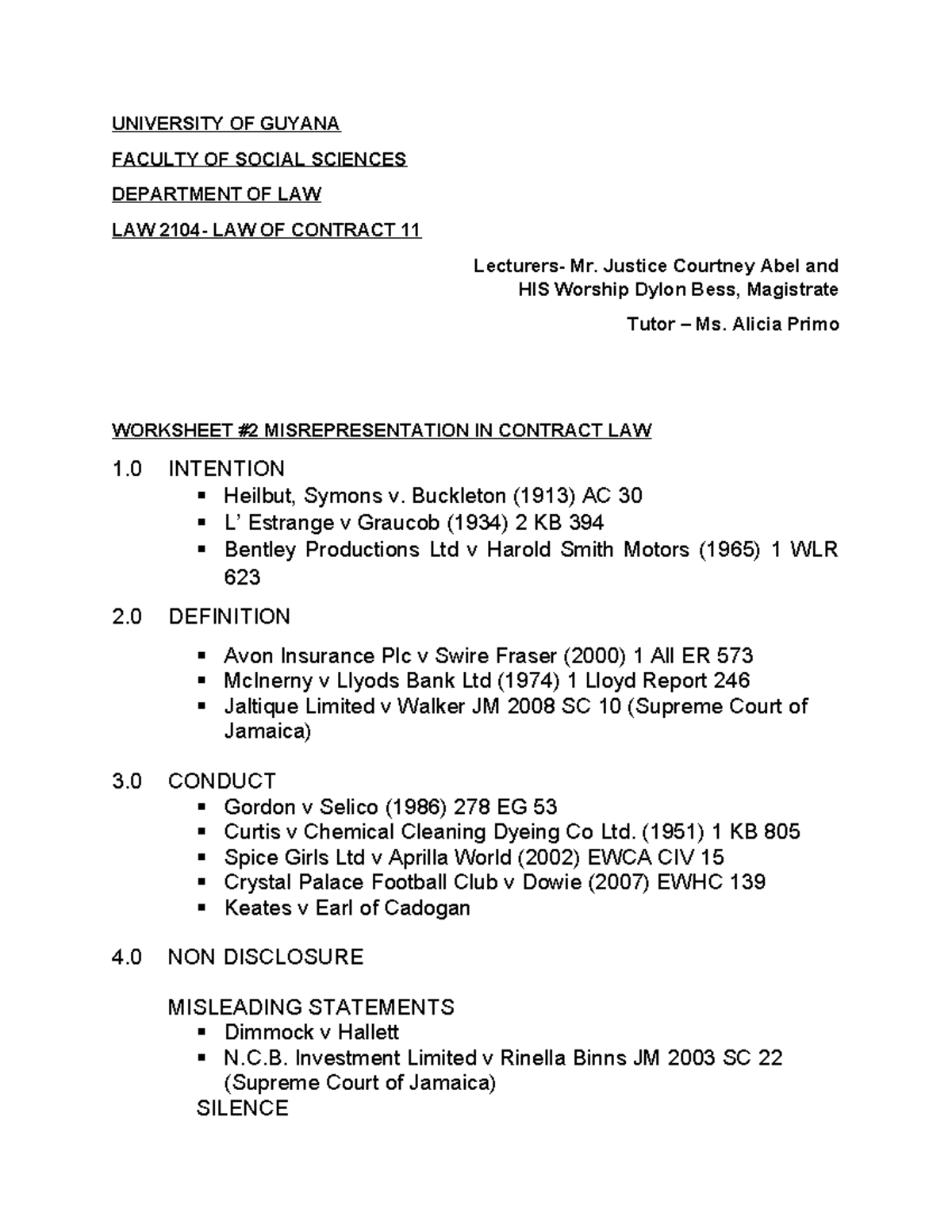 LAW 2104 Worksheet #2: Misrepresentation in Contract Law - Studocu