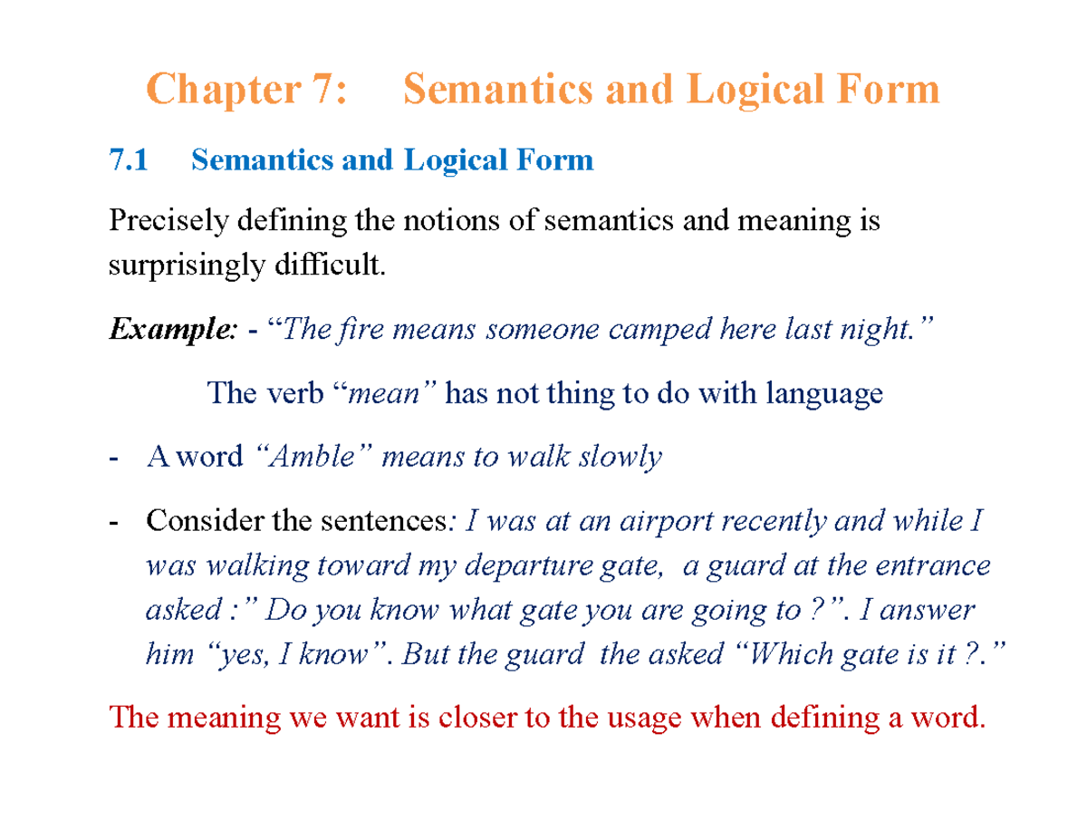 Chapter 7: Semantics and Logical Form Overview and Key Concepts - Studocu