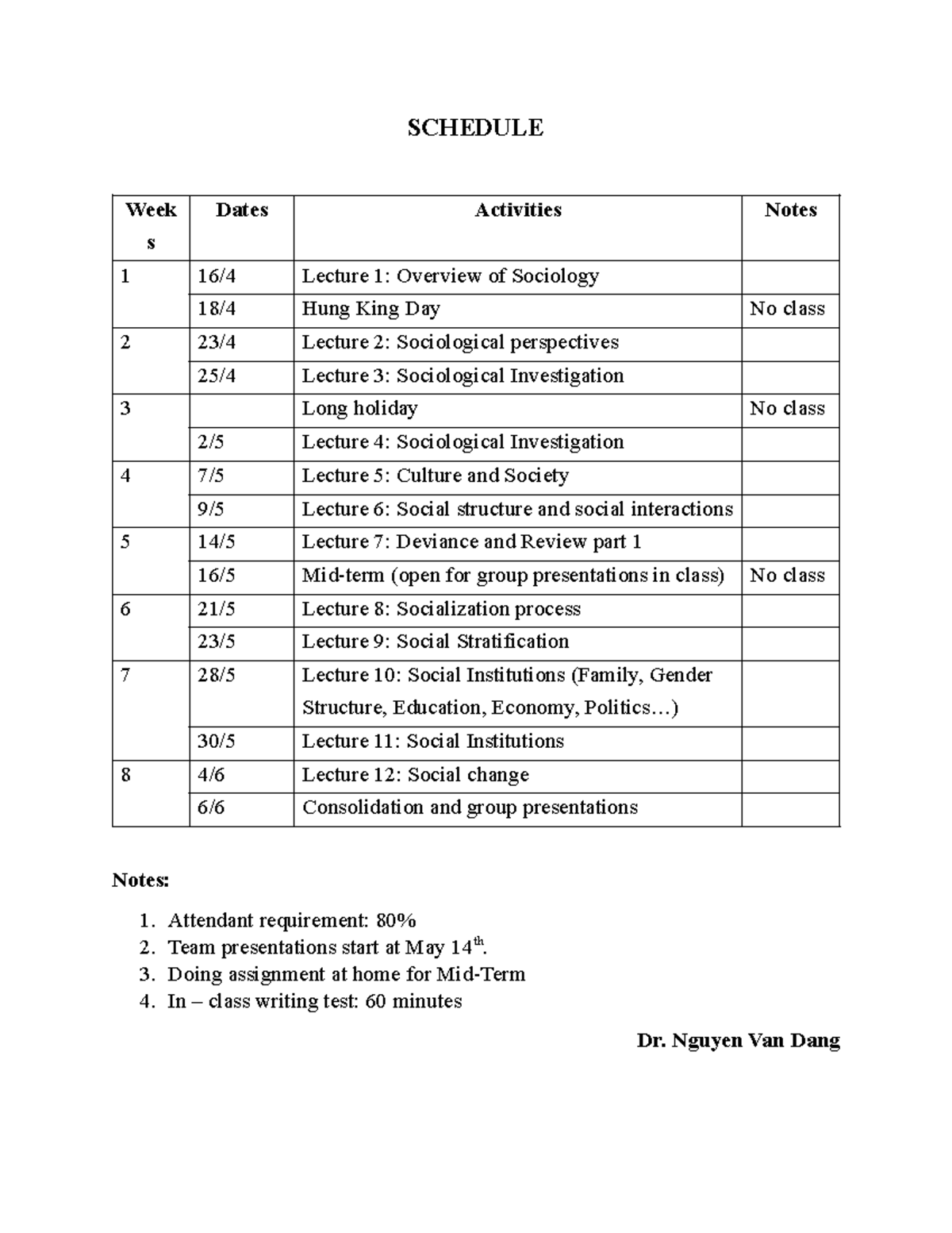 Schedule - Soc 2024 - SCHEDULE Week s Dates Activities Notes 1 16/4 ...
