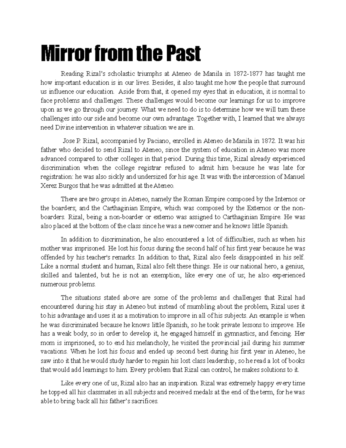 Reflection Paper - The Life of Jose Rizal in Ateneo de Municipal ...