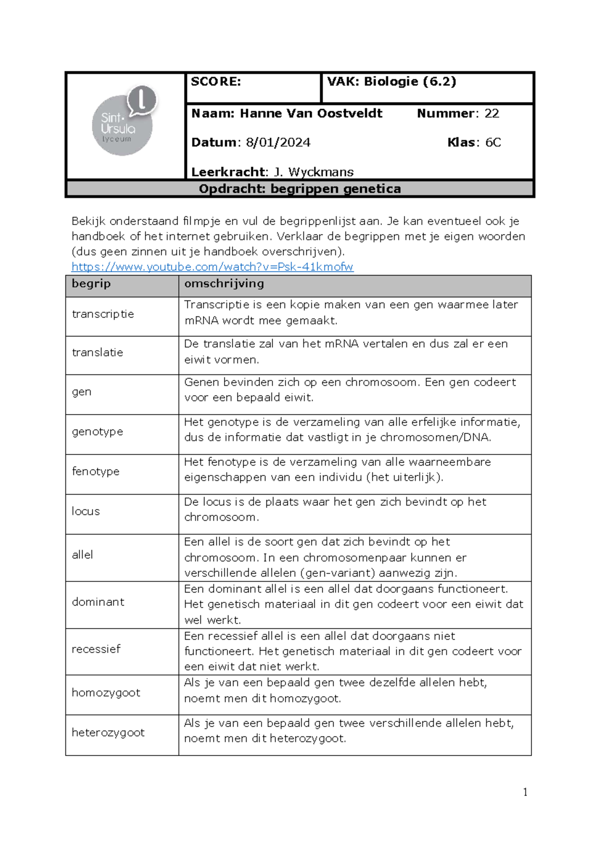 SCORE: VAK: Biologie (6.2) - Taak Begrippen Genetica - Studocu