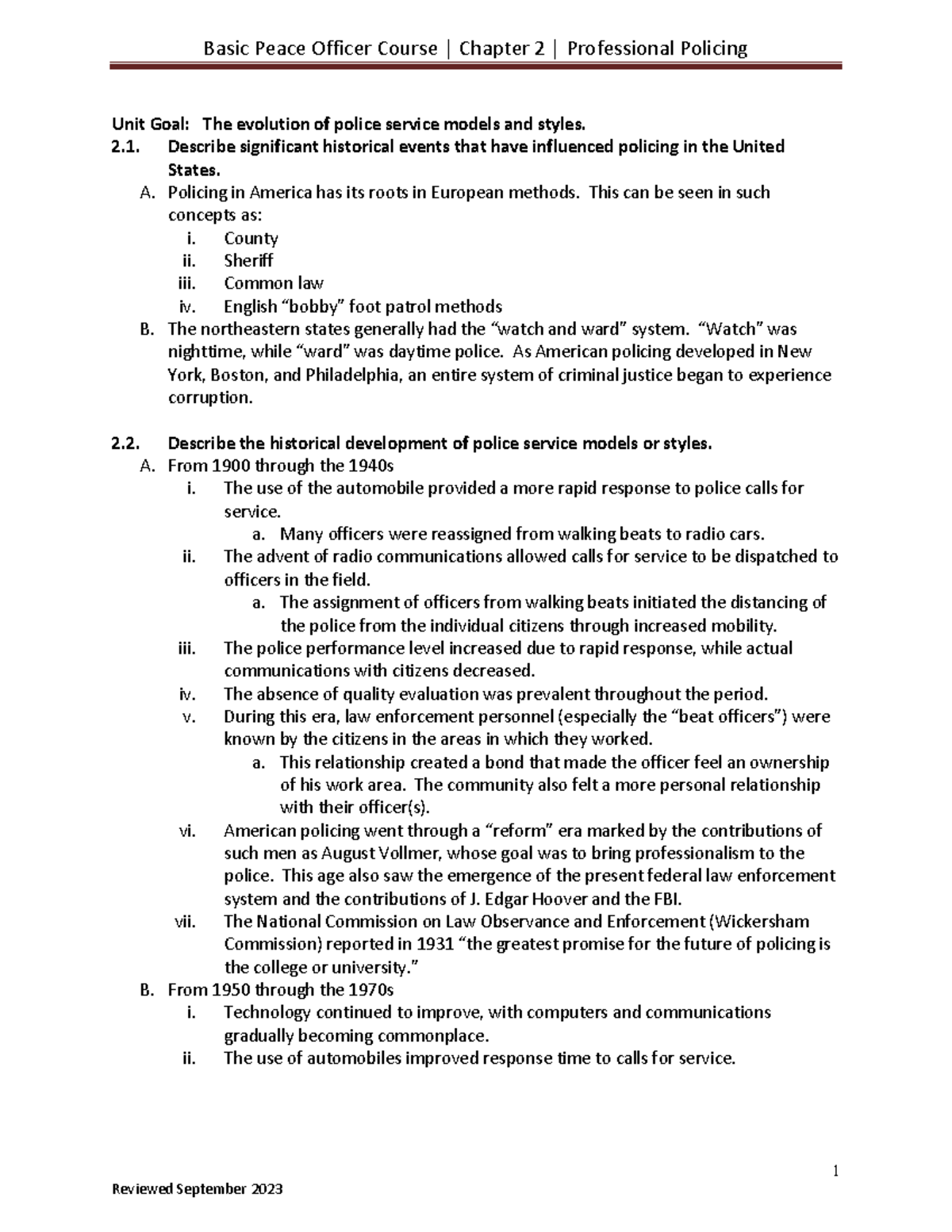 Basic Peace Officer Course: Chapter 2 - Evolution of Policing Models - Studocu