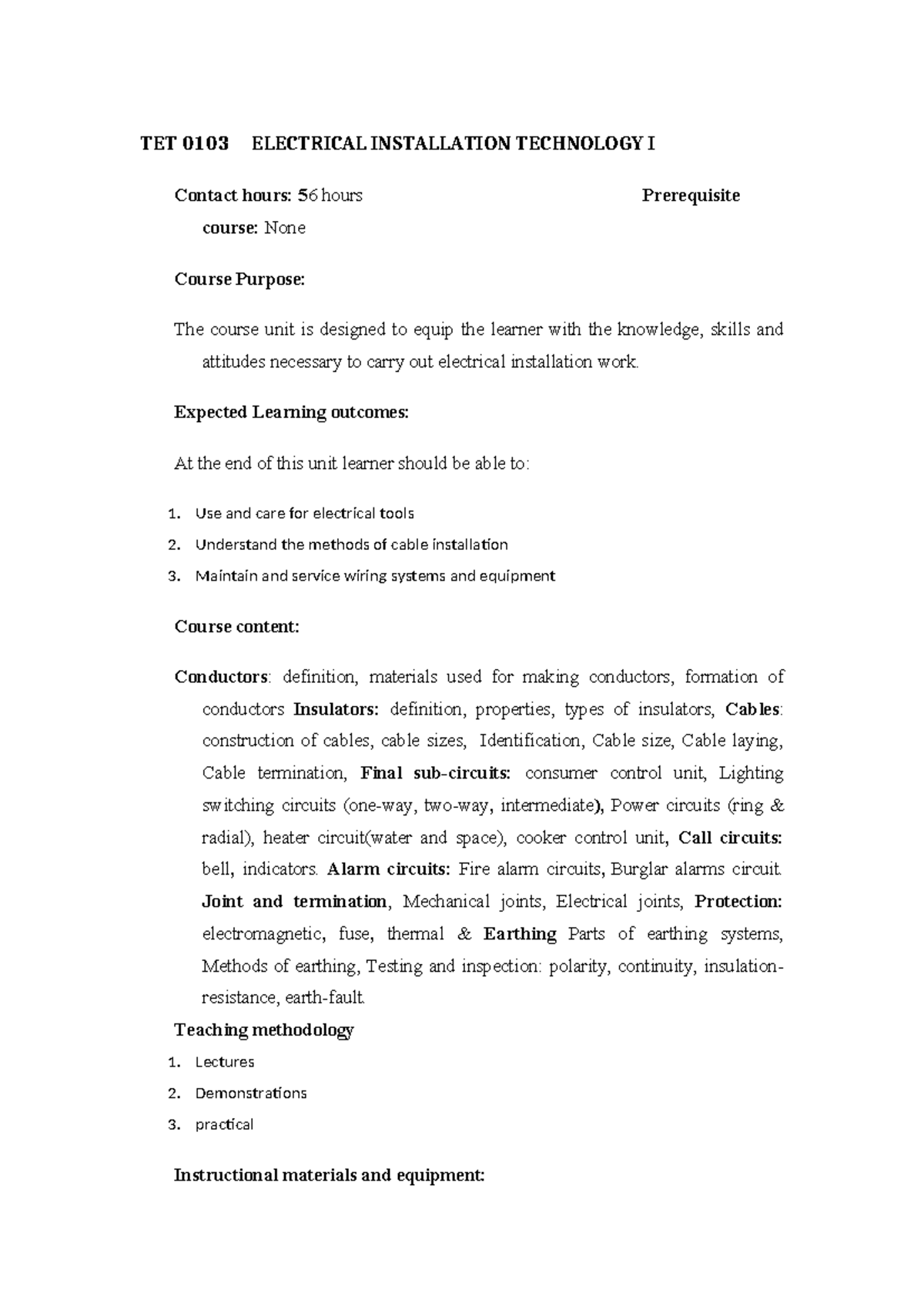 TET 0103 Electrical Installation Technology I Course Outline and ...