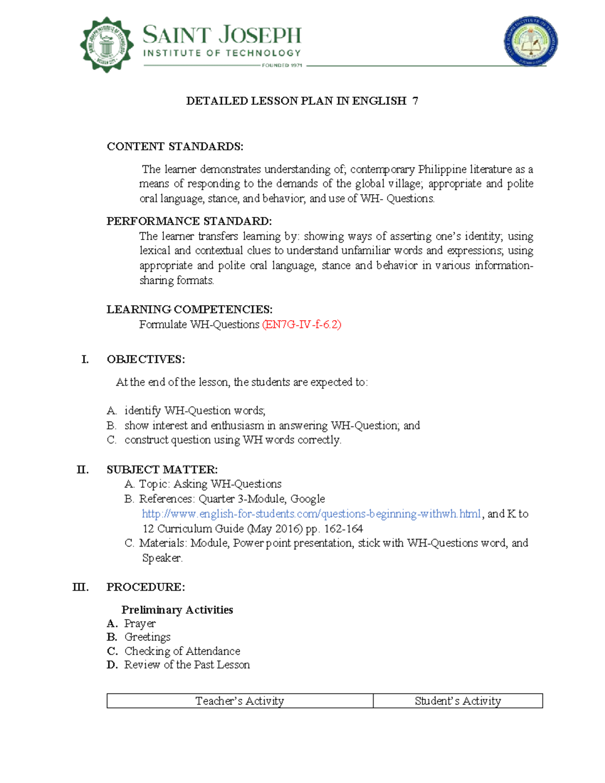 Detailed Lesson Plan on WH-Questions for EN7 7th Grade - Studocu