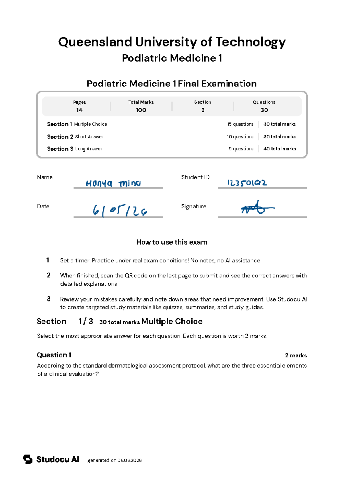 Podiatric Medicine 1 Final Examination - Studocu