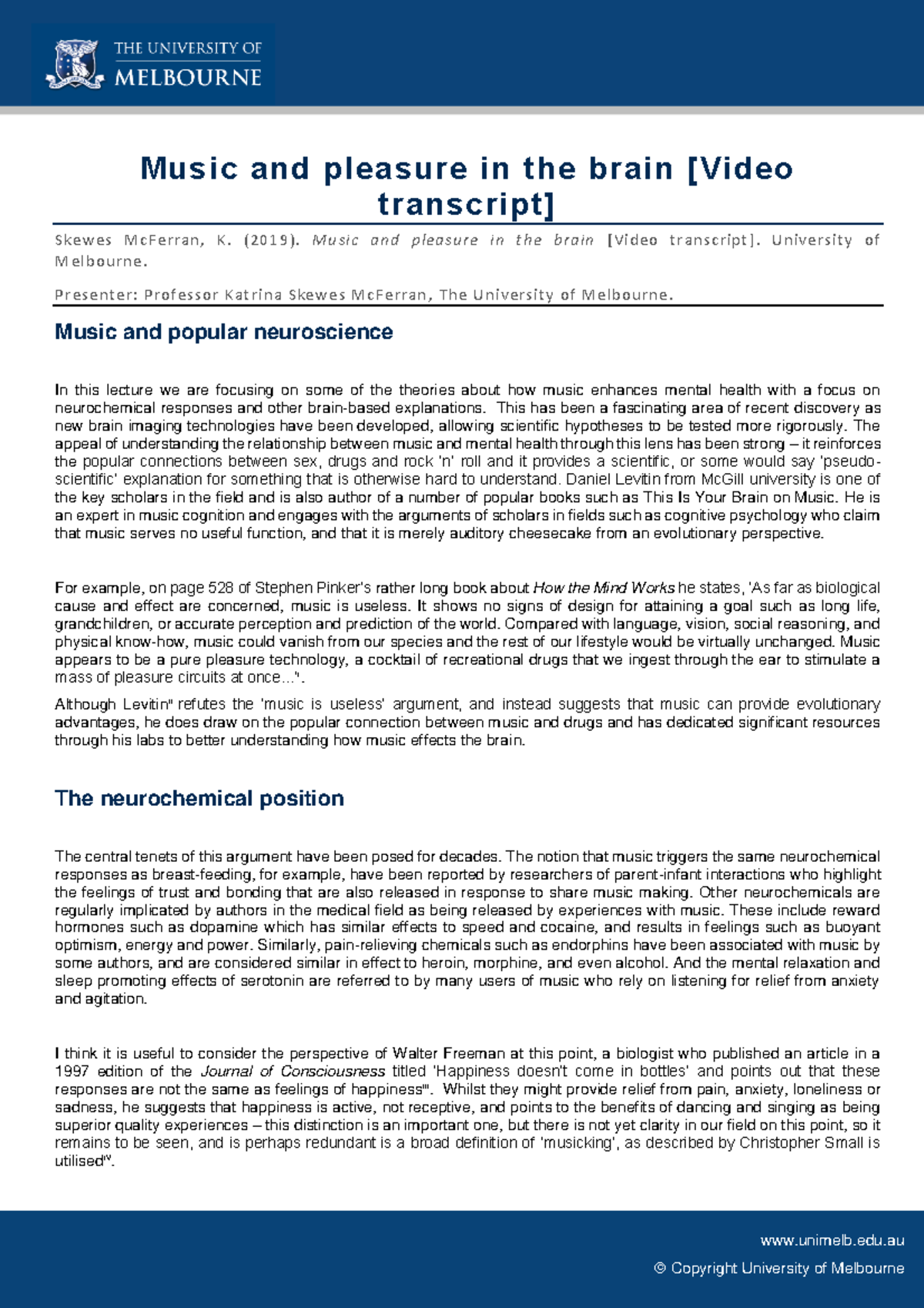 MUSI2015 Music and Pleasure: Exploring Brain Responses in Lecture ...