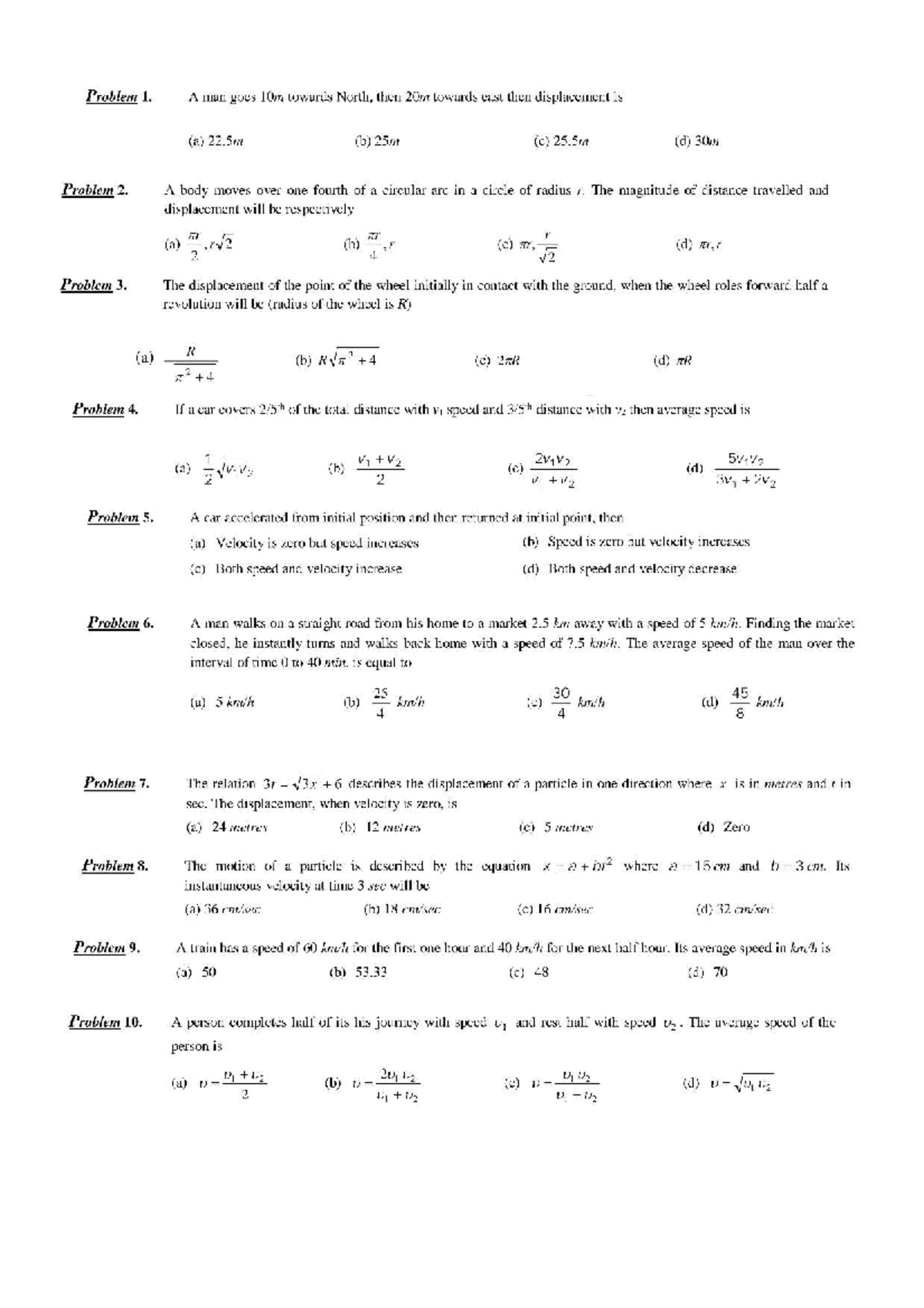 Motion in One Dimension: Problem Set and Solutions (Physics 101) - Studocu