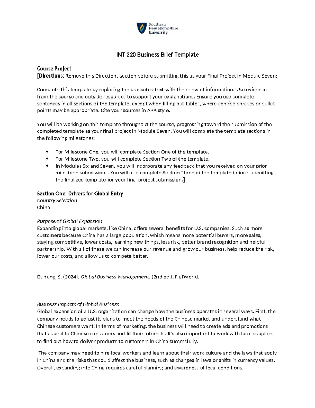 INT 220 Final Project: Business Brief Template for Global Expansion ...