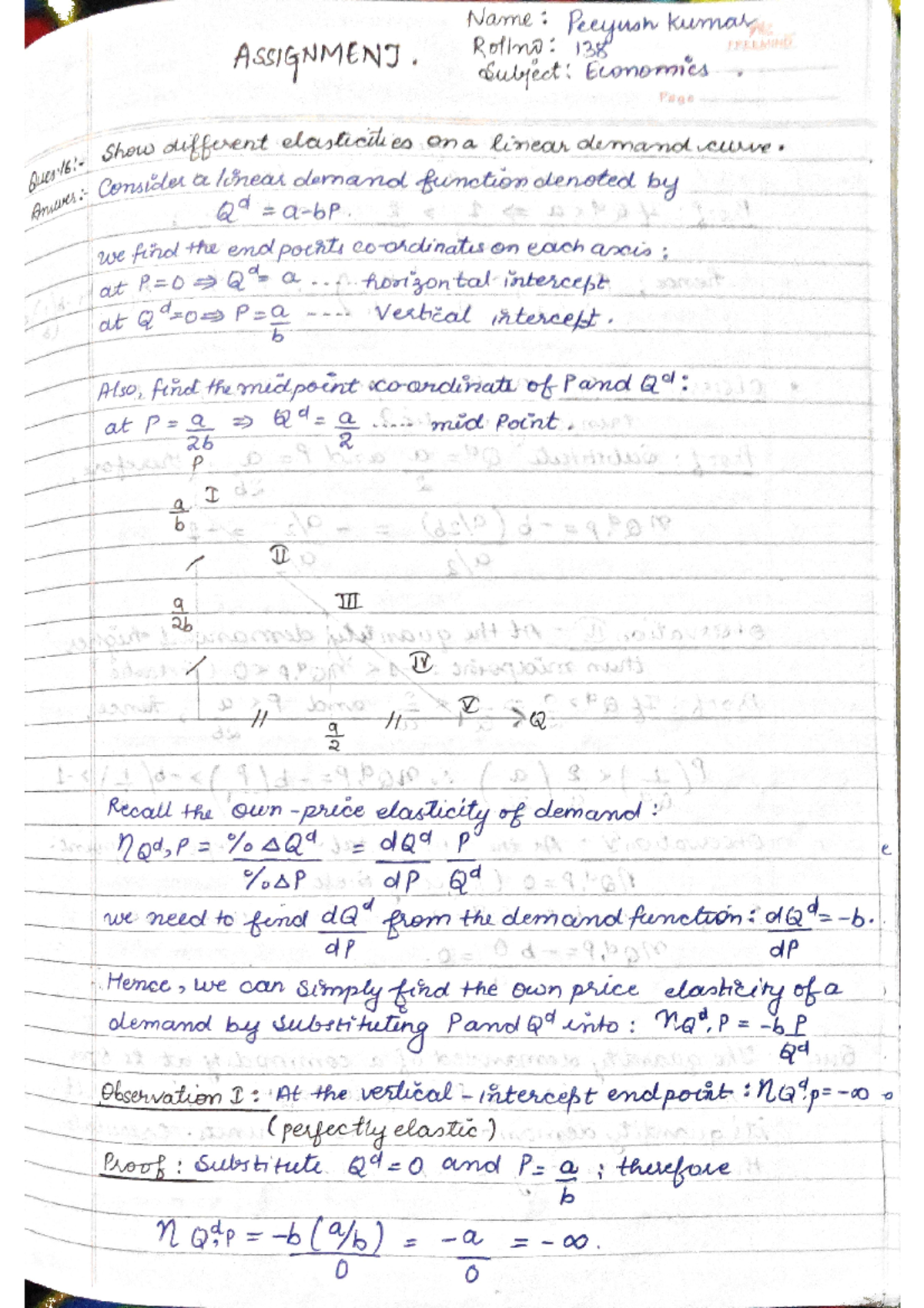 Economics Assignment: Analyzing Elasticities on Linear Demand Curve - Studocu