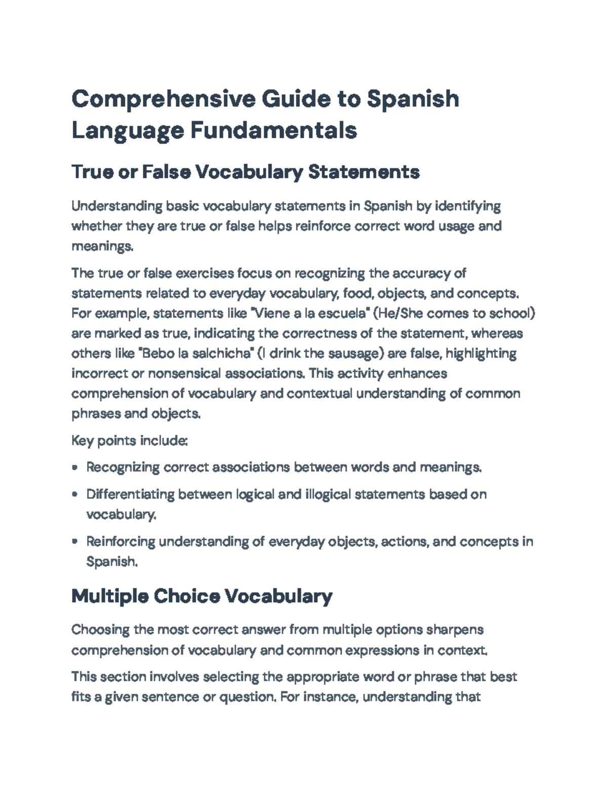 Comprehensive Guide to Spanish Language Fundamentals: True/False ...