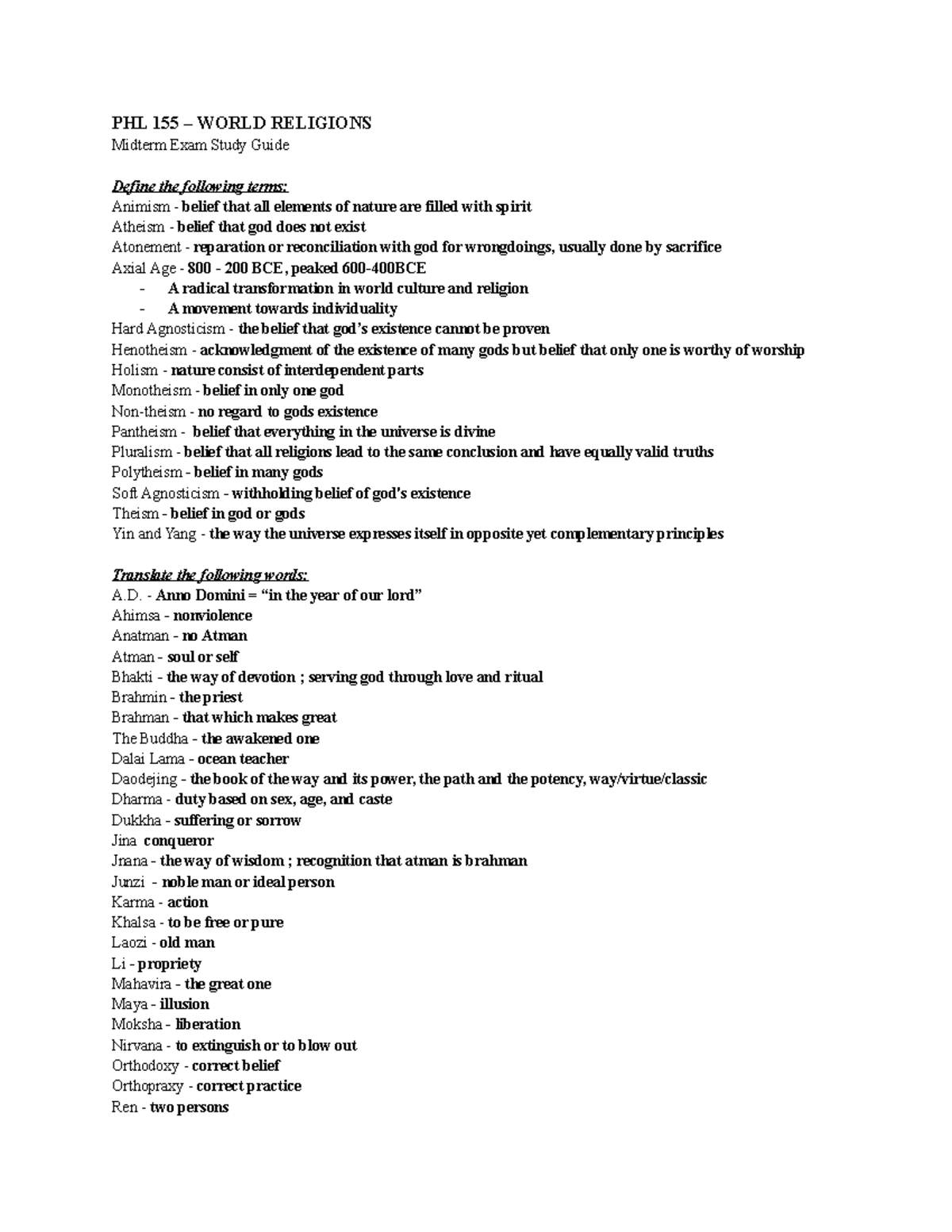 PHL 155 Midterm Exam Study Guide: Key Concepts in World Religions - Studocu