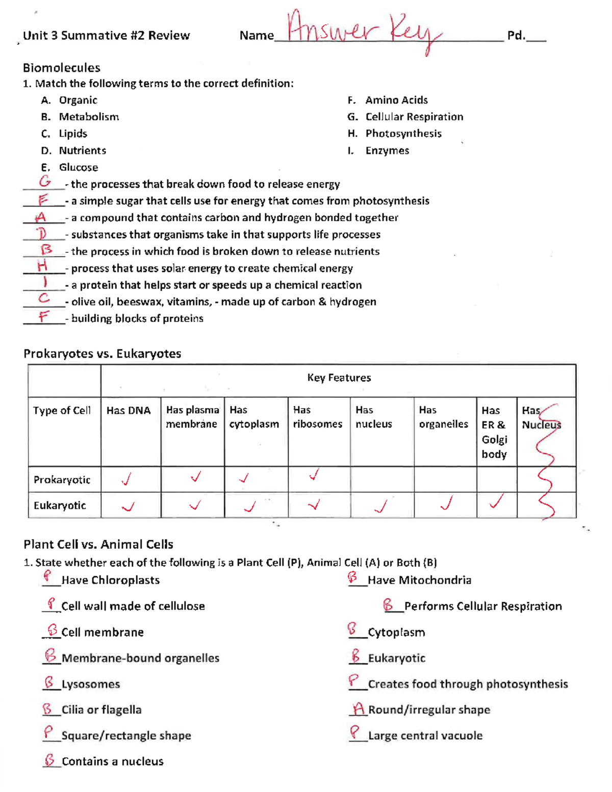 Unit 3 Summative #2 Review Packet Answer Key for Biomolecules - Studocu
