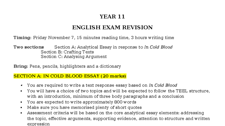 YEAR 11 ENGLISH FINAL EXAM REVISION: In Cold Blood & Crafting Texts ...