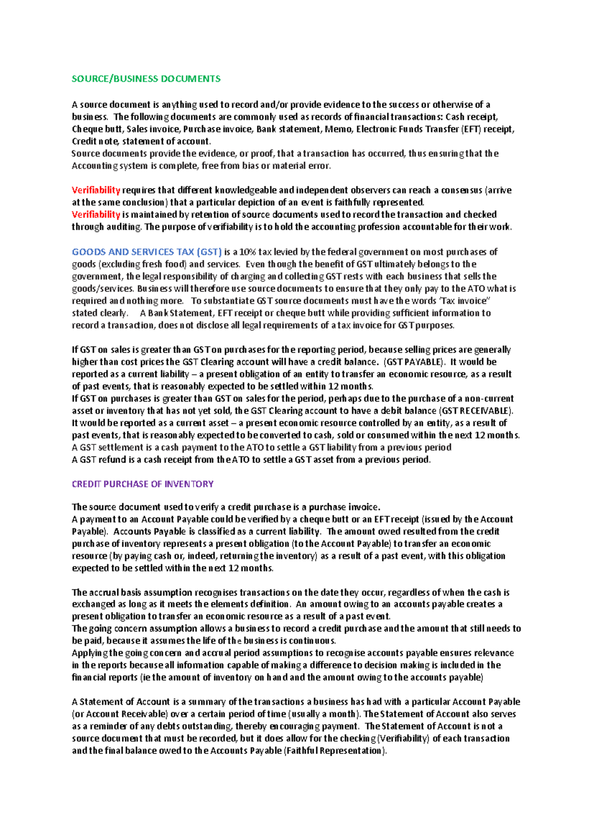 U3 AOS1 Source Documents AND GST Summary Notes - SOURCE/BUSINESS ...